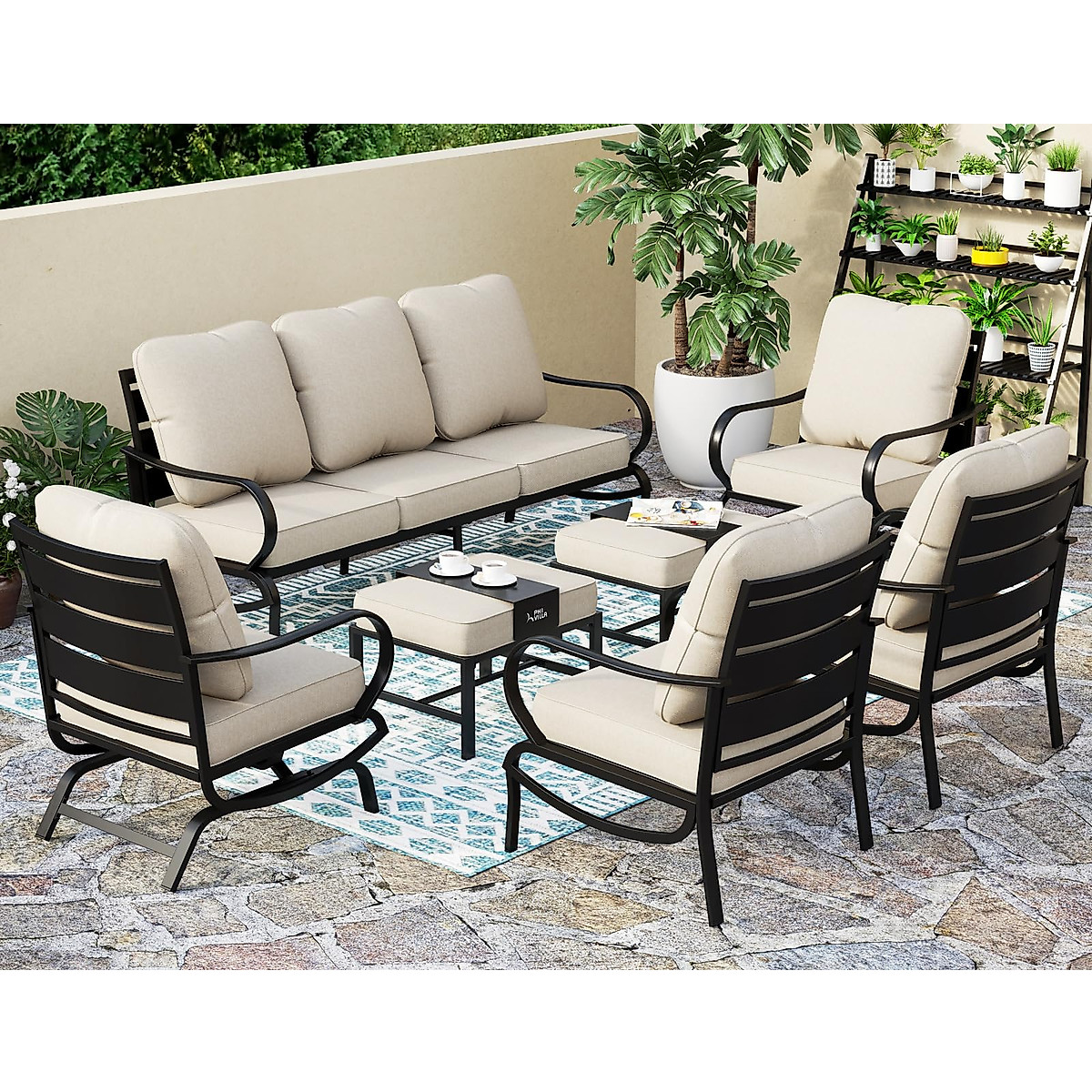 PHI VILLA Patio Conversation Set for 2, Deluxe Outdoor Patio Set with 2 C-Base Padded Sofa Chair