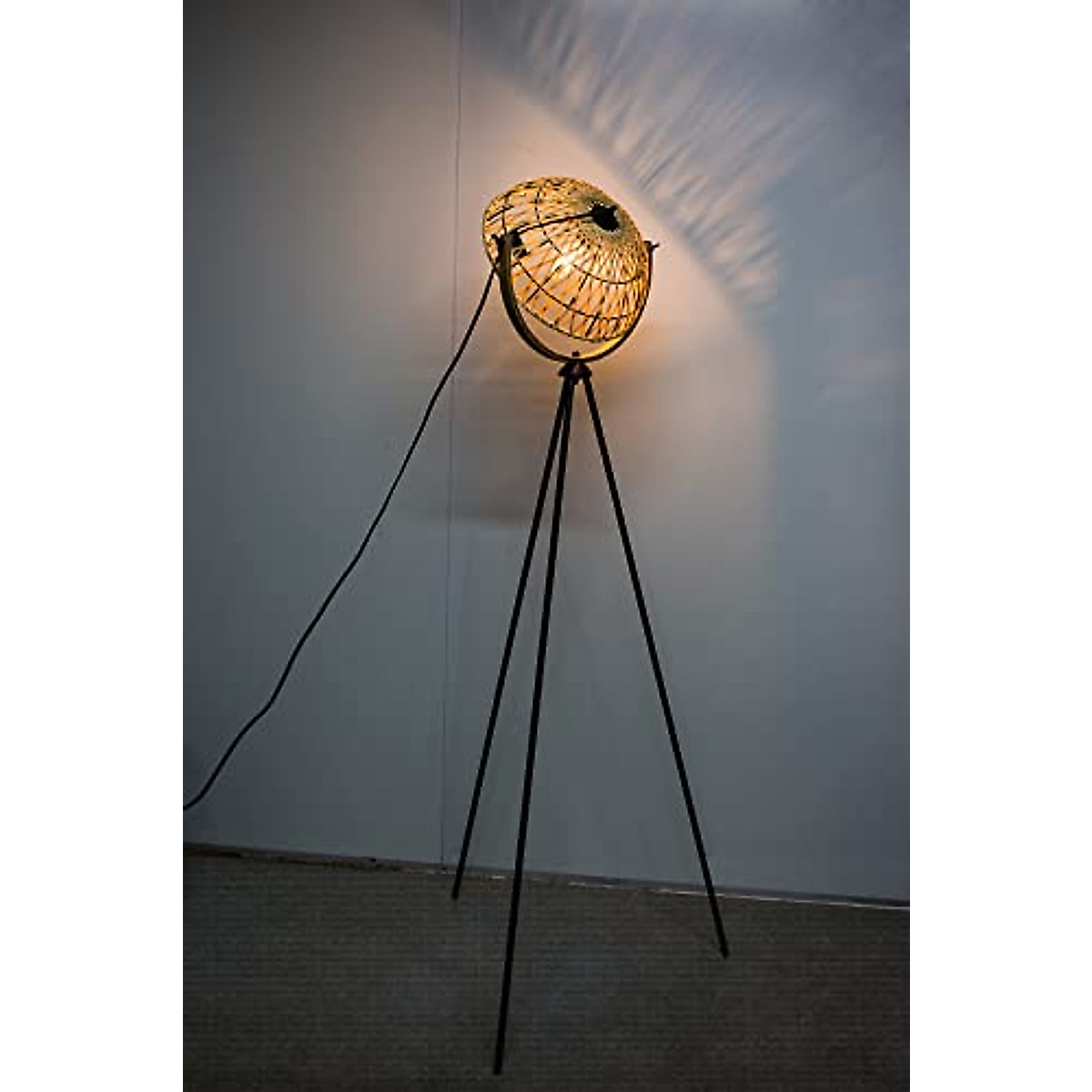 Osasy Rattan Bamboo Floor Lamp for Living Room,Bedroom,Farmhouse,Boho Standing Lamp,Wicker Hand-Worked Bamboo Lamp Shade,Black Industrial Modern Floor Light Adjustable Rustic Tall Lamp