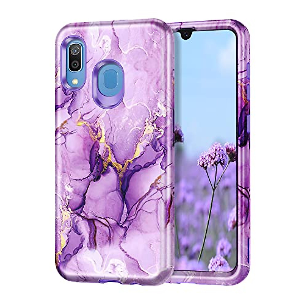 Lamcase for Samsung Galaxy A20/A30 Case, Heavy Duty Rugged Shockproof Hybrid Hard PC Soft Silicone Bumper Three Layer Drop Protection Anti-Fall Cover for Samsung Galaxy A20/A30, Purple Marble