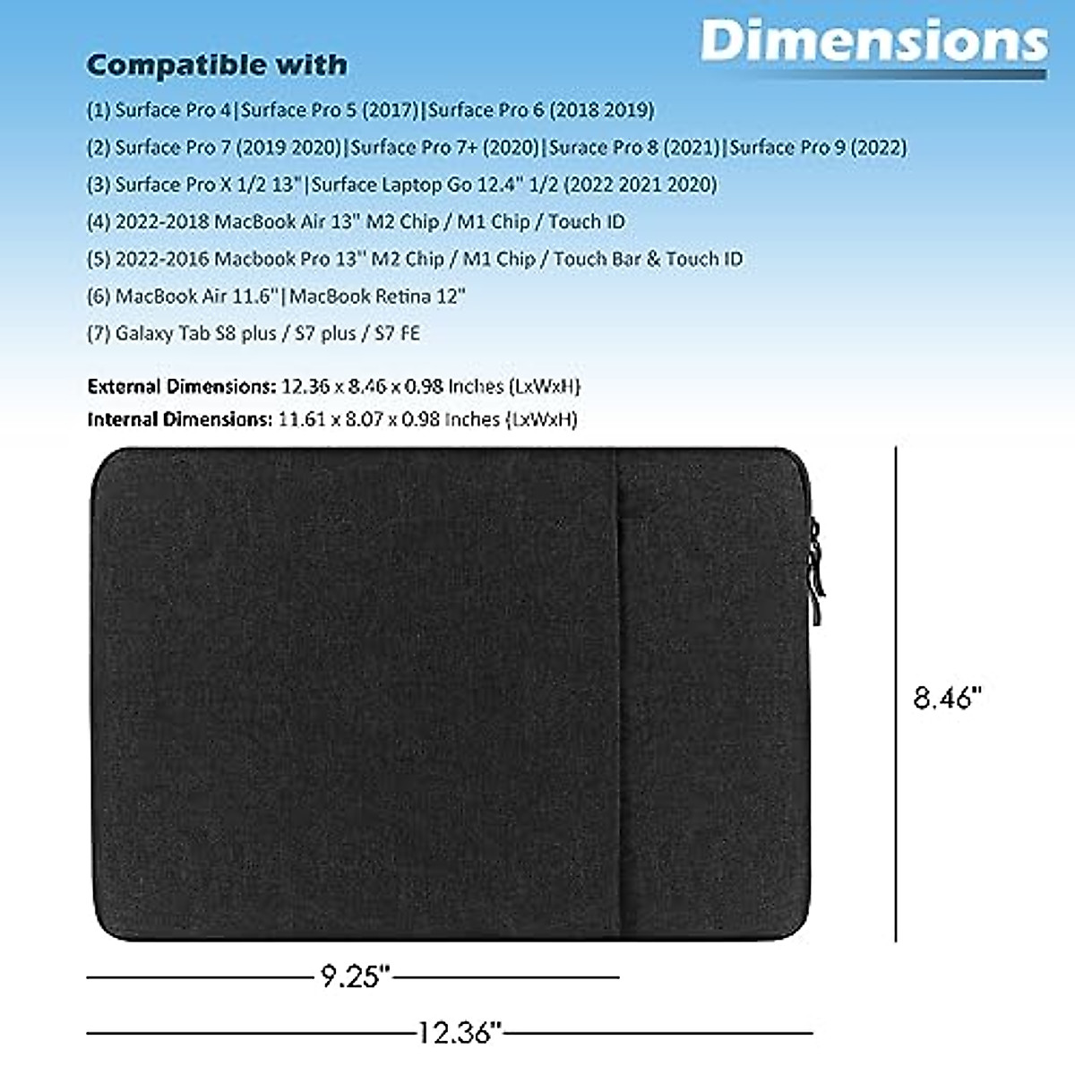 ProElife 12-Inch Laptop Sleeve Case Cover Canvas Tablet Protective Bag for 2022-2014 Surface Pro 4/5 / 6/7 / 7+ / 8/9|Surface Laptop Go 1/2 12.4''|Surface Pro X 1/2 & iPad Pro 12.9'' M2 (Black)