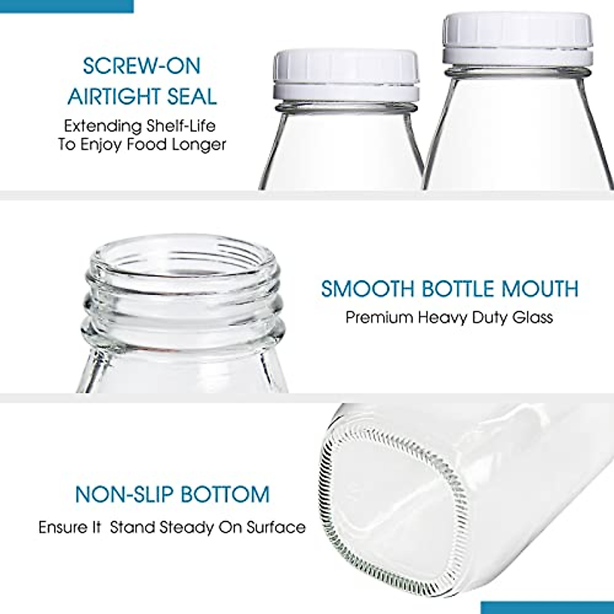 YEBODA 16oz Glass Milk Bottle with Plastic Tamper-proof Caps (6 Pack) Vintage Reusable Dairy Drinking Containers, Glass Bottles for Milk, Juice,Yogurt, Smoothies, Honey, Tomato Sauce, Jam, Syrup