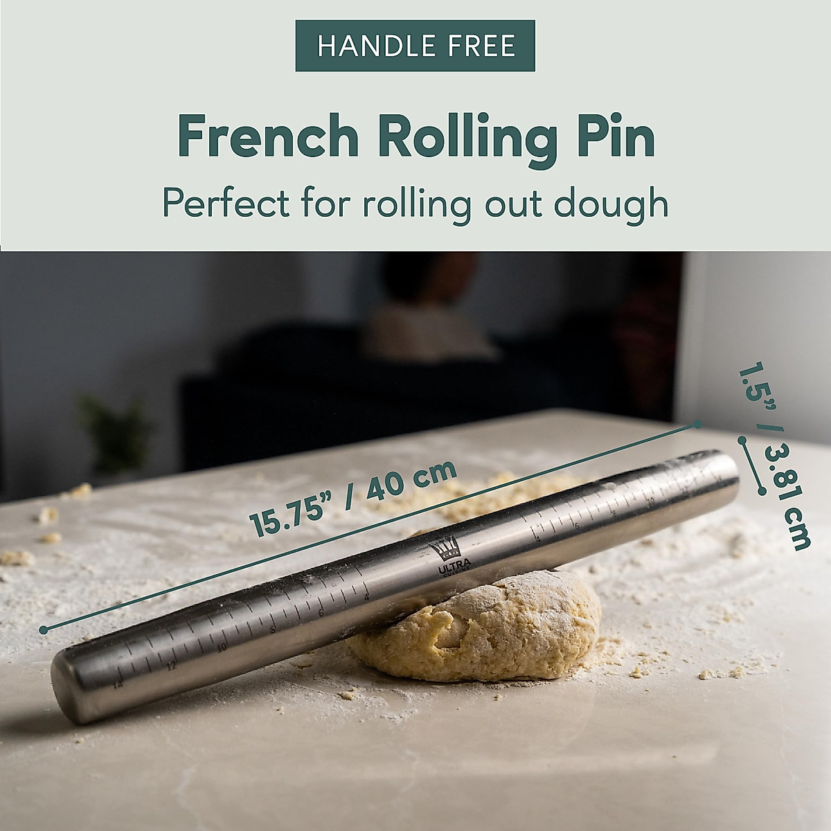 French Rolling Pin for Baking by Ultra Cuisine – Tapered Stainless Steel Design, Professional or Home Use with Pizza, Cookie, & Pastry Dough, or Fondant and Pie Crust –Dishwasher-Safe, Size 15.75 in