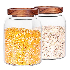 Glass Storage Jars with Airtight Lids, Set of 2 42 FL OZ (1250ml) coffee container with Wooden Lid, Glass Pantry Canister for Beans, Rice, Sugar and etc (6.3 inch high)