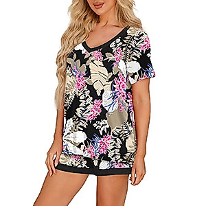 PrinStory Women's Pajama Set Short Sleeve Shirt and Shorts Sleepwear Pjs Sets with Pockets FP-Big Leaf Pink-Large