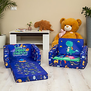 Macardac Toddler Couch, 2-in-1 Waterproof Soft Kids Couch with Dino Plush Pillow, Fold Out Toddler Sofa,Toddler Chair Comfy for Boys and Girls, Baby Sofa, Convertible Sofa to Lounger Bed, 1-Seat