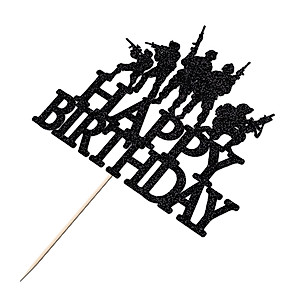 Naicaek Black Glitter Happy Birthday Cake Topper，Soldier Military Theme Happy Birthday Cake Topper，Retirement Military Party Military Themed for Kids Boys Men Birthday Party Supplies (1)
