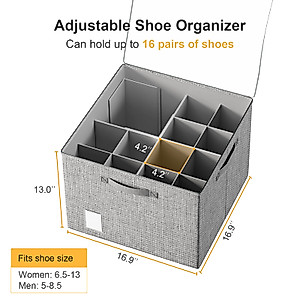 DIMJ Shoe Organizer for Closet - Adjustable Shoe Storage Organizer W/Clear Cover, Linen-like Shoe Storage Box Bins Cube, Foldable Shoes Holder w/Reinforced Handles Grey 2 Pack Fit up to 32 Pairs