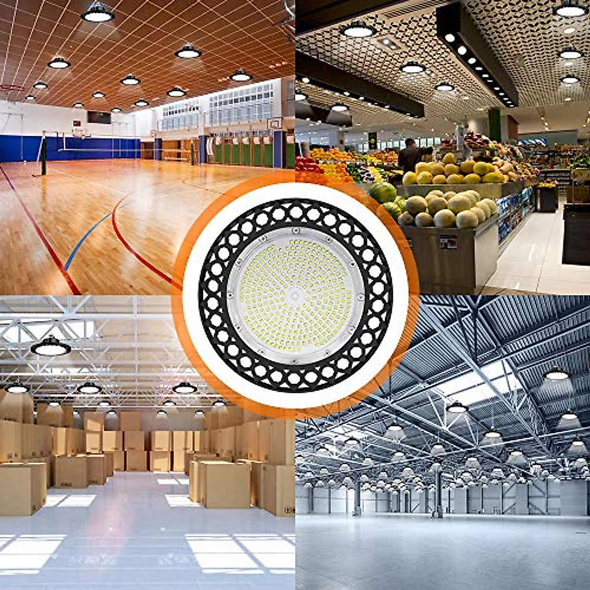 150W LED High Bay Light UFO 25000Lumens 5000K Daylight 1-10V Dimmable LED Commercial Bay Lighting 100-277Volts Area Lamp IP65 Waterproof ，Hook Included ，5’Cable with US Plug ，600W HID/HPS Replacement