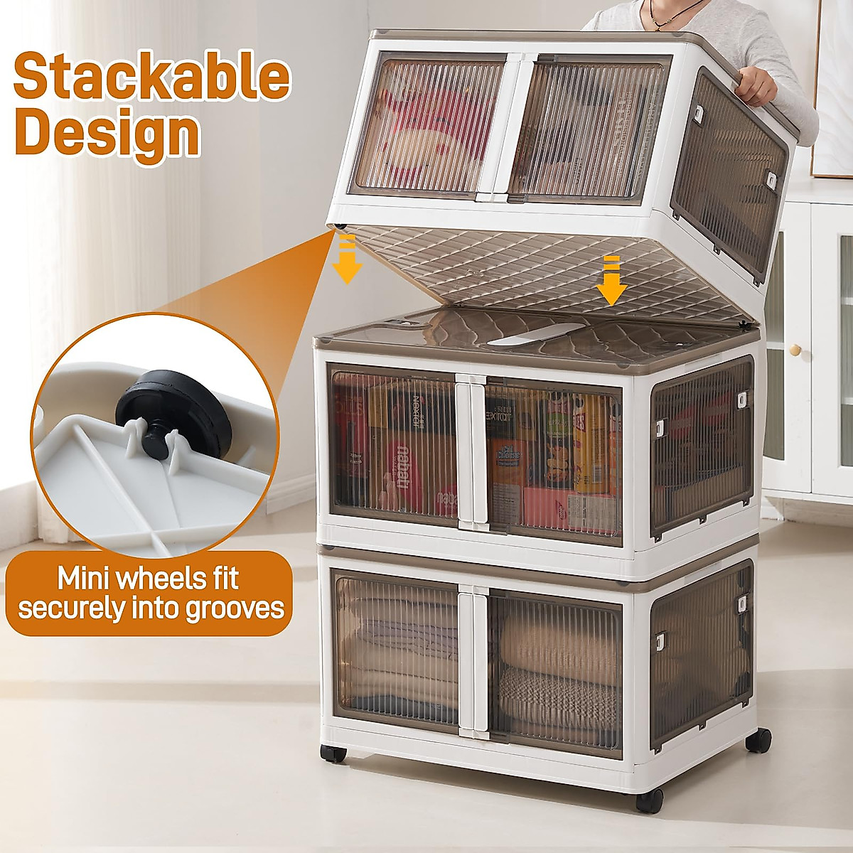 Fangtueh 90GAL Storage Bins with Lids, Stackable Storage Bins with Wheels, Collapsible Storage Bins with Doors, Large Plastic Storage Bins with Lid, Folding Storage Cabinet Container for Closet, White