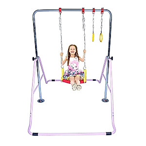 Kids Home Gymnastics Bar Jungle Gym 3 in 1 Set Deluxe Swing Seat, Trapeze Rings, Horizontal Kip Bar Height Adjustable Monkey Bar, Expandable Junior Training Gymnastic Balance Bar, Swing Set (Pink)