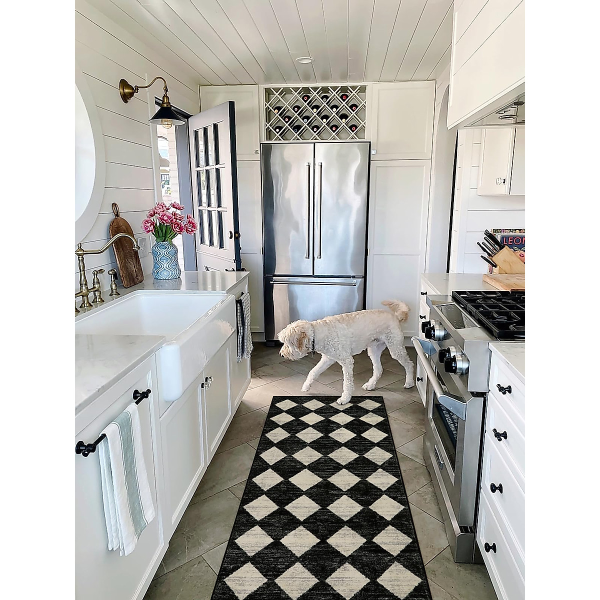 Lahome Washable Black and White Kitchen Runner Rug, 2x5 Soft Non Slip Laundry Room Rug Bathroom Runner Rugs with Rubber Backing, Moroccan Trellis Kid Pet Friendly Carpet Runner for Entryway Bedside