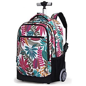 2022 Rolling Backpack for Kids Adults, 18" Waterproof Backpack with Wheels for Girls Boys, Roller Bookbags for School Travel, Age 7+, White Flower