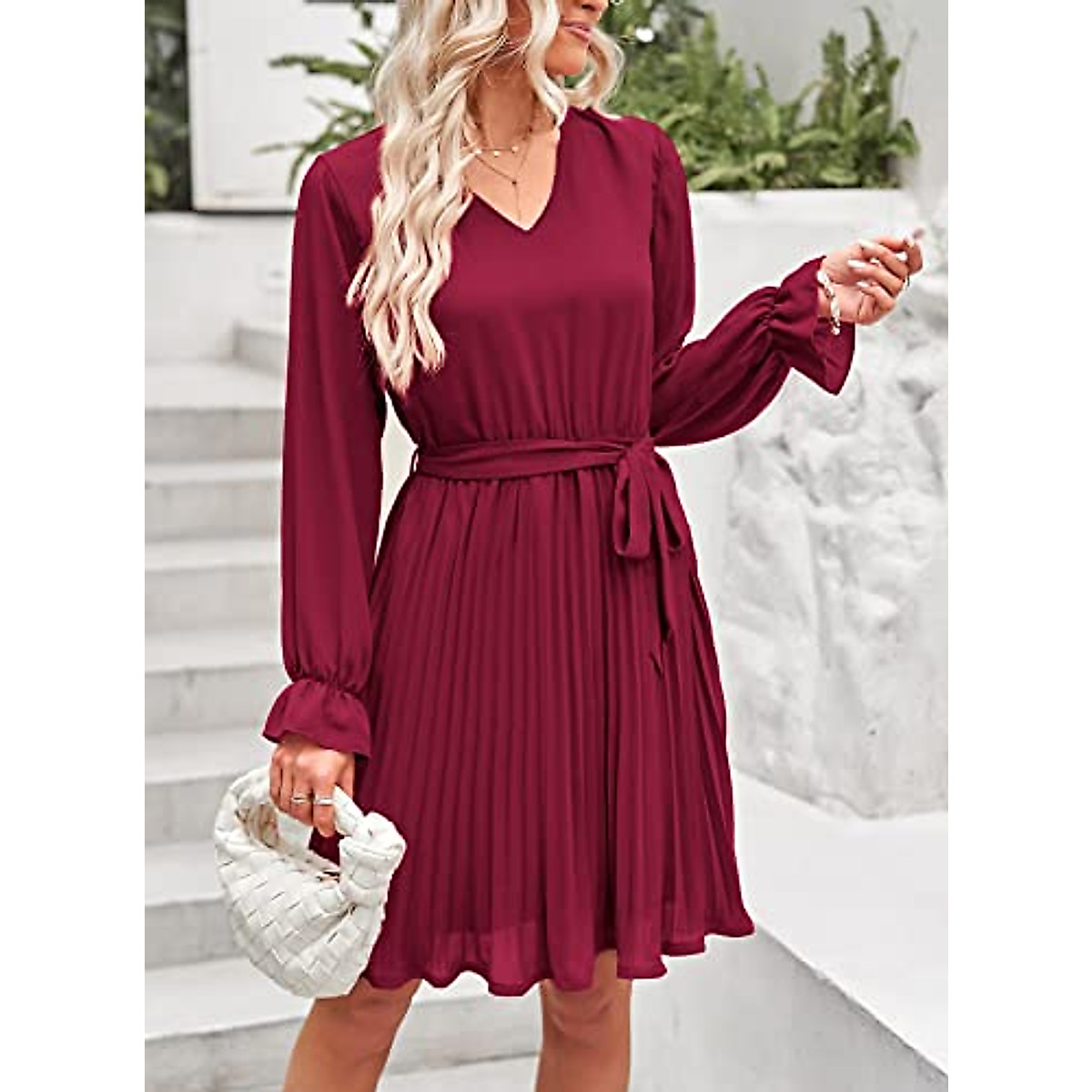 PRETTYGARDEN Women's Casual Spring Fall Dresses Long Puff Sleeve V Neck Pleated Ruffle Flowy Belted Dress (Wine Red,Large)