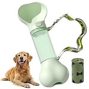 Dog Water Bottle Portable - Leak Proof Dog Travel Water Bottle for Outdoor Walking and Hiking - Dog Water Bottle Dispenser with Two Poop Bags - Green Water Bottle for Dogs with Bowl (10oz)