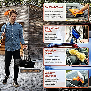Homeflowz Car Wash Mop Kit [10PC] - Car Wash Brush with Long Handle - 62'' Stainless Steel Pole - Scratch Free Chenille Microfiber Car wash Brush Mitt - Car Mop Washing Kit for RV Cars and Bus