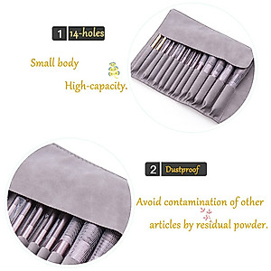 JAMEND CLXP 14 Pockets Makeup Brush Travel Rolling Case Gray Waterproof Cosmetic Travel Bag Brushes Pouch Holder, Premium Leather Brush Organizer with Belt Strap for Women Girls, NO BRUSHES.