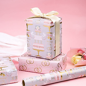 WRAPAHOLIC Reversible Wedding Wrapping Paper Roll - Mini Roll - 17 Inch X 33 Feet - Wedding Day Cake Floral and Ring Design, Perfect for Wedding, Bridal Shower