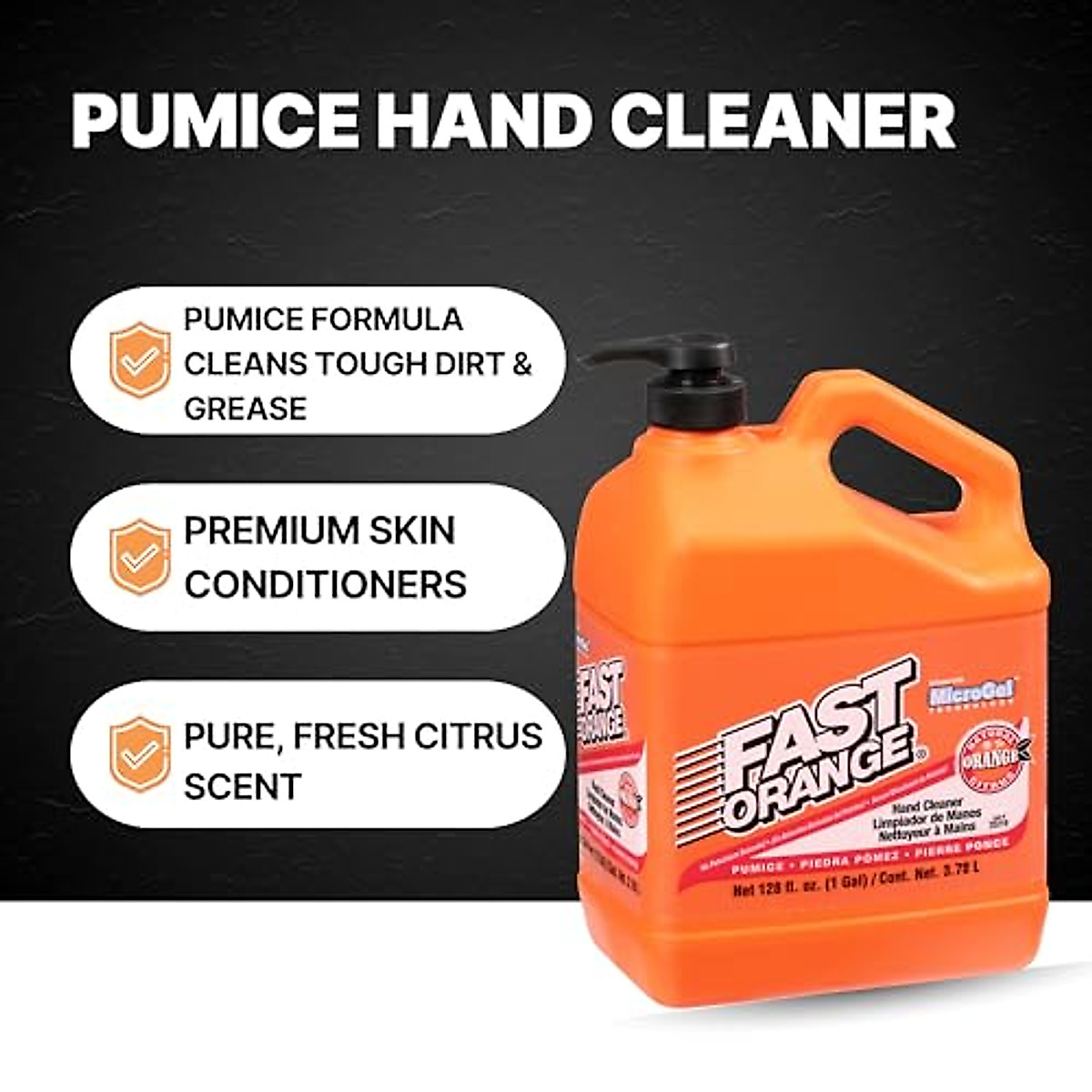Fast Orange 25219 Pumice Lotion, Heavy Duty Hand Cleaner, Natural Citrus Scent, Waterless Cleaner For Mechanics, Strong Grease Fighter, 1 Gallon