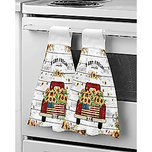 Rural Country Red Truck Yellow Blooming Sunflower and Bees Hanging Tie Towel for Kitchen Bathroom, 2 Pack Durable Absorbent Hand Towels Hangable Washing Cloths Home Cleaning Decor Wood Plank