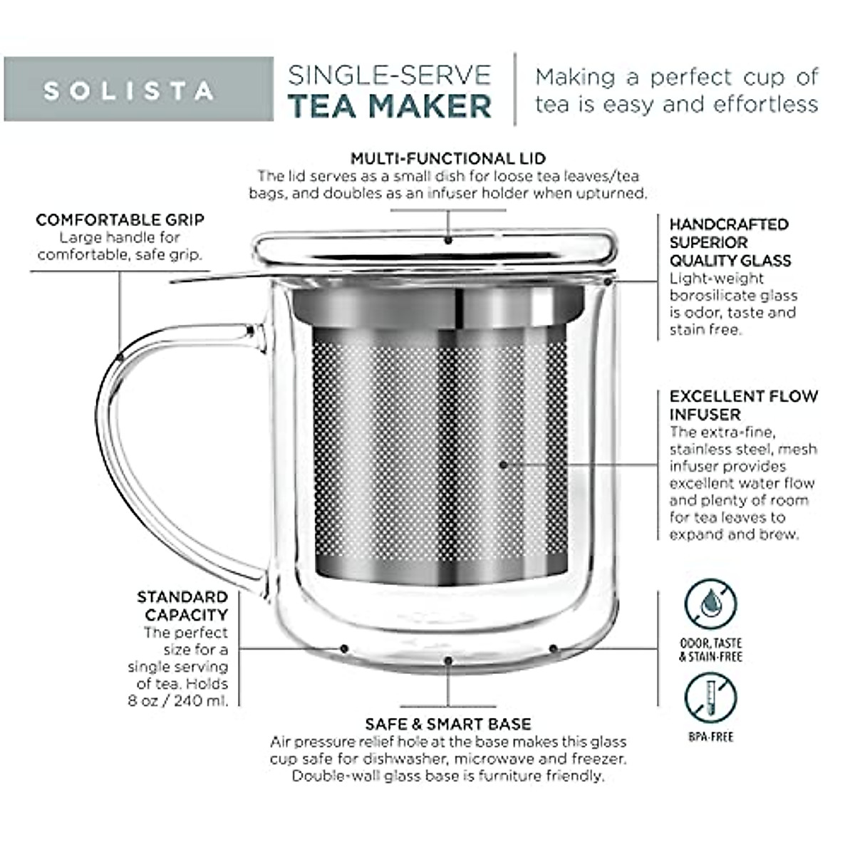 Teabloom Single-Serve Tea Maker - Double Wall Glass Cup with Infuser Basket and Lid for Steeping, Solista Brewing Mug (8 OZ)
