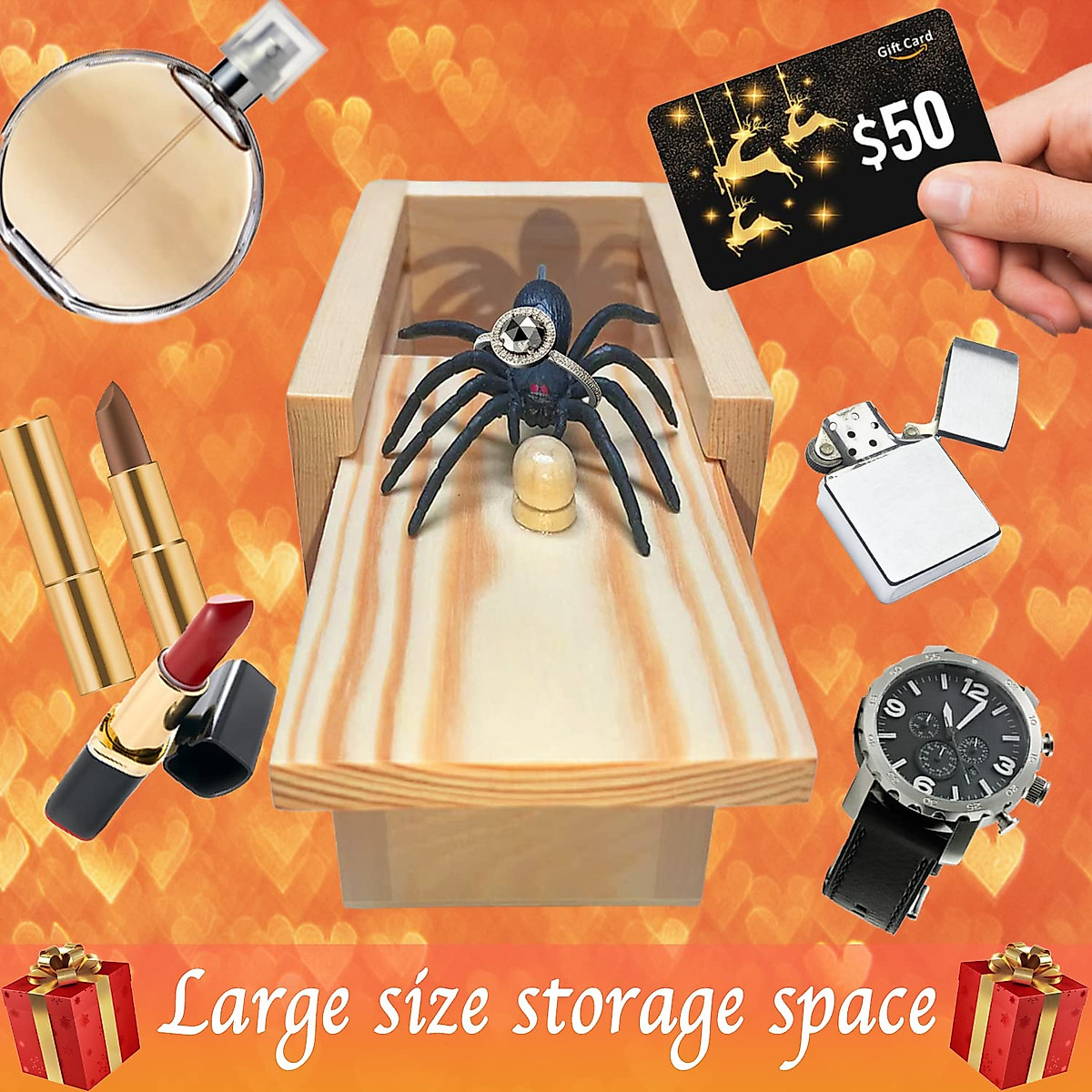Jishi Large Spider Prank Box Gag Gift, Funny Wooden Surprise Gift Box for Money Cash Card, Spider Stocking Stuffers Prank Toys for Kids 4-8-12 Boys, Christmas White Elephant Gifts for Adults Men Women