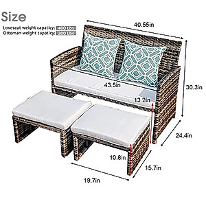 OC Orange-Casual Outdoor Loveseat Patio Furniture Rattan Conversation Set with Ottoman, White Cushions, Grey Wicker, Pillows Included