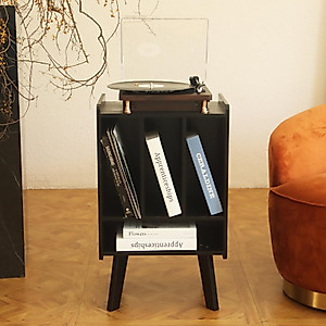 AWASEN Record Player Stand with Vinyl Storage, Turntable Stand with Record Storage, Vinyl Record Table Holds Up to 100 Albums, 3 Tier End Table for Living Room Bedroom Office Small Spaces (Black)