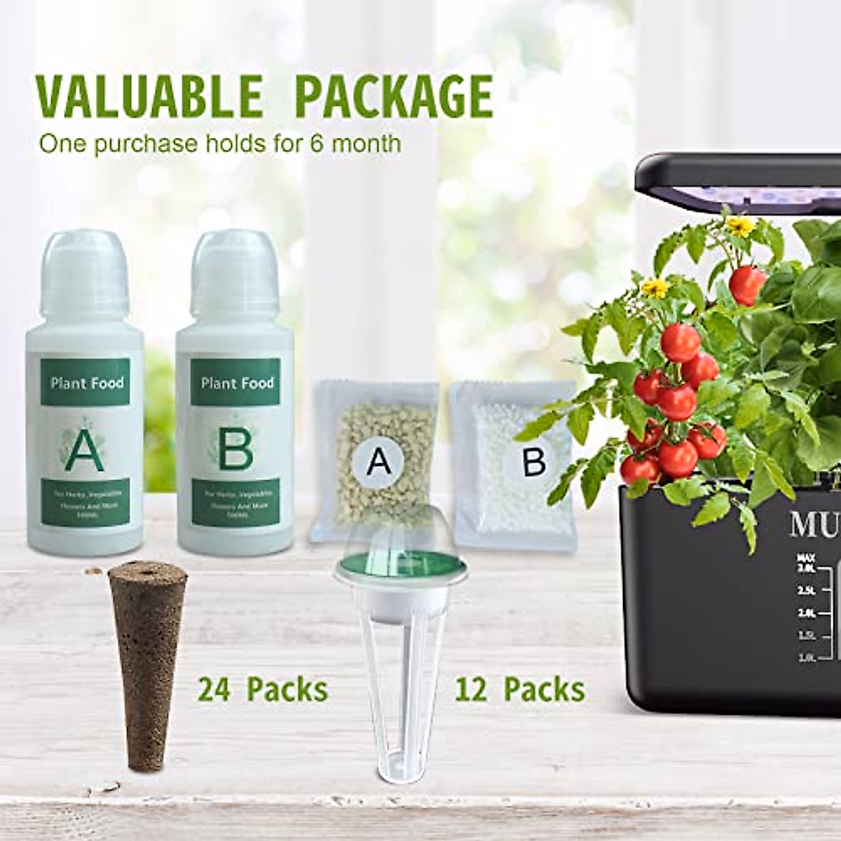 Seed Pods for Hydroponics Growing System - (No Seeds), Hydroponics Supplies with 24 Grow Sponges, 12 Planting pods,2 Set a&b Hydroponic Nutrient Plant Food,28 Stickers,12 Seeding Cover, Total 76 Pcs