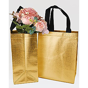 HUANN 12 Pcs Gold Gift Bags Medium Size Shine Reusable Gift Bags with Handles Metallic Glossy Non Woven Gift Bags for Wedding Christmas Party Birthday 8 x 5 x 10 Inch