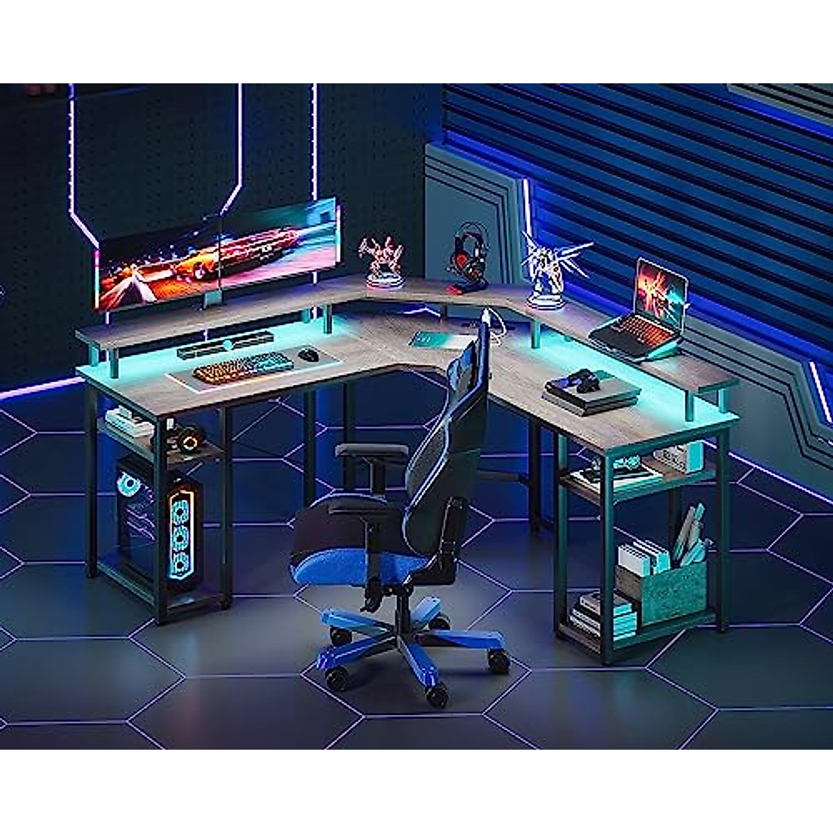 Coleshome L Shaped Gaming Desk with LED Lights & Power Outlets, Reversible 56" Computer Desk with Full Monitor Stand & Storage Shelves, Ergonomic Home Office Corner Desk, Gray Oak