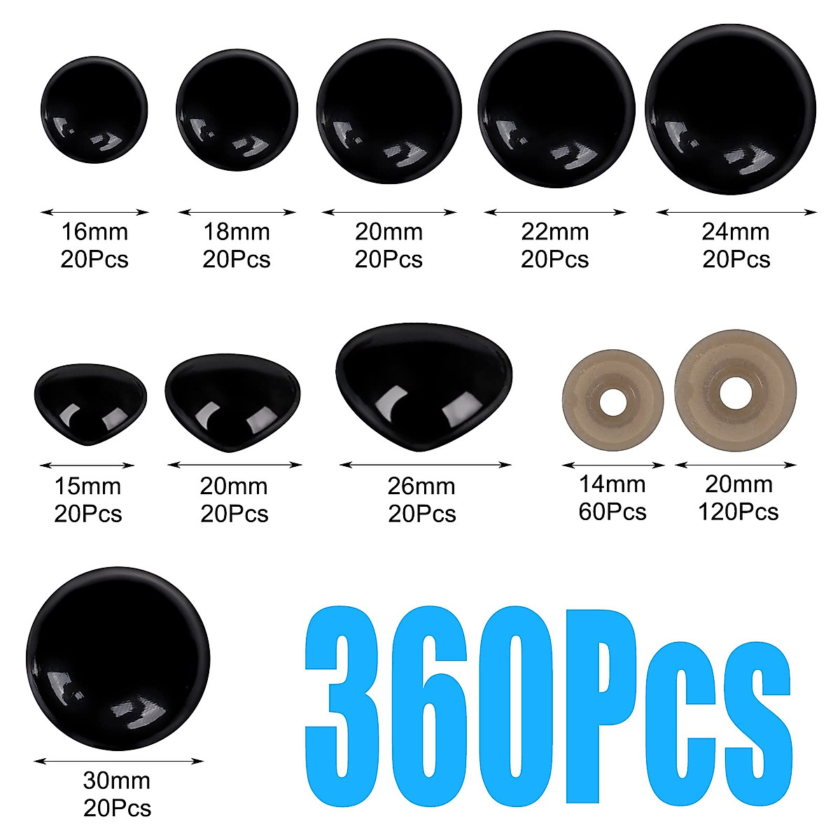 QUEFE 180pcs Large Safety Eyes and Noses for Amigurumi, 16-30mm Plastic Black Eyes with Washers for Crochet Animals, Puppet, Stuffed Animal and Teddy Bear
