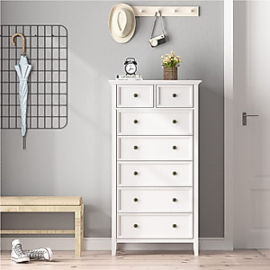 IKENO White 7 Drawer Tall Dresser, Tall Solid Wood Large Storage Cabinet, Modern Simple White Tall Chest of Drawer for Bedroom Living Room Hallway Entryway (White)