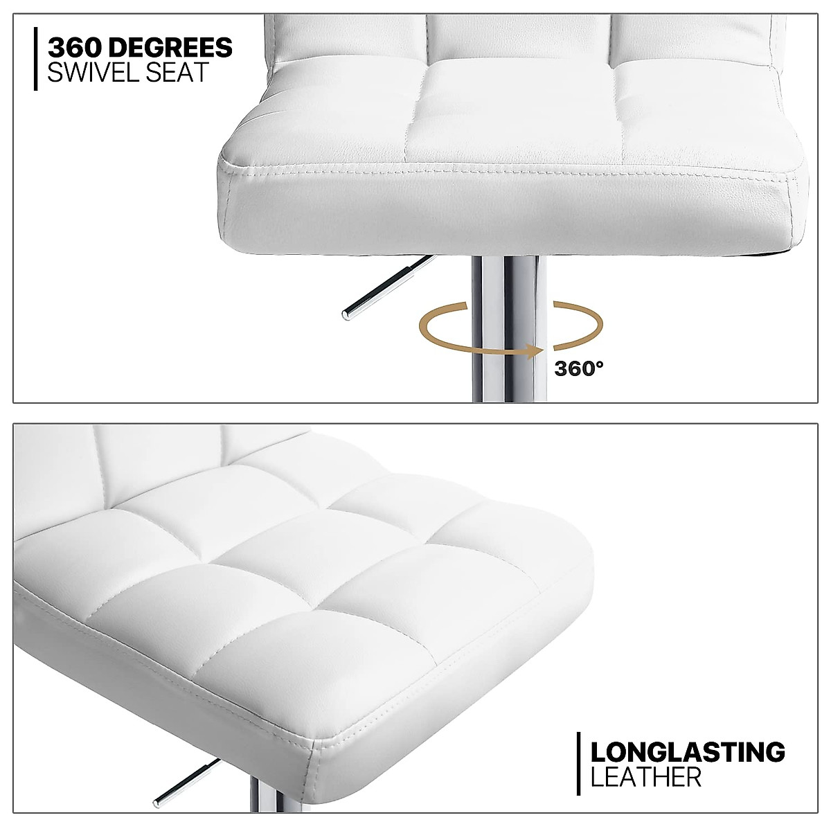MoNiBloom Barstools Set of 2, Square PU Leather Adjustable Bar Stools with Back, Counter Height Swivel Stool, Barstools for Kitchen Counter, White
