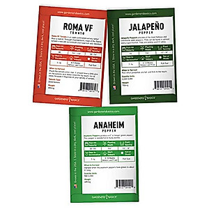 Heirloom Salsa Growing Seed Packets, Roma VF Tomato, Jalapeno, Cilantro, Anaheim and Onion Seeds for Garden Non GMO 5 Free Plant Markers Gardeners Basics