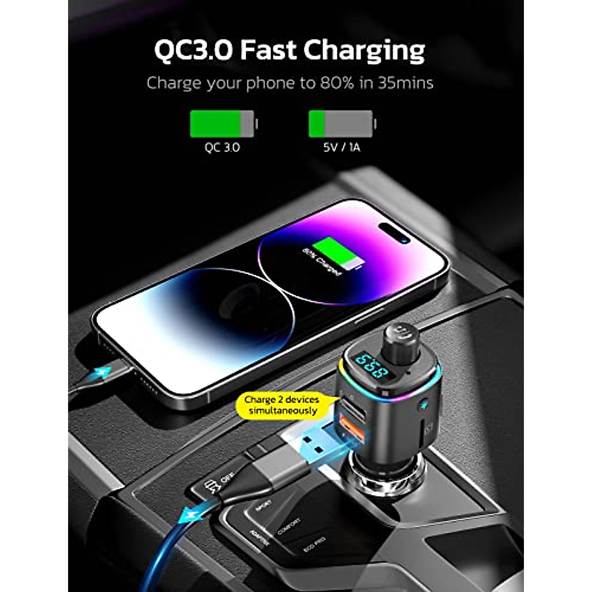 Nulaxy Bluetooth FM Transmitter for Car, 7 Color LED Backlit Bluetooth Car Adapter with QC3.0 Charging, USB Flash Drive, microSD Card, Handsfree Car Kit (B- Black)