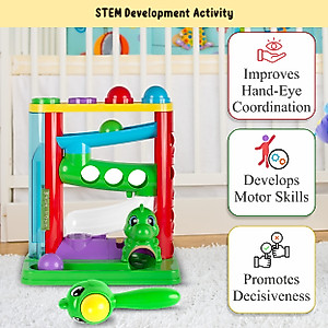 WALA - Pound a Ball Dinosaurs Toy - Super Durable Toddler Girls and Boys Toys - Comes with Ball Tower, Ball, Hammer, and 7 Dinosaur Toys for Kids - Educational Baby Hammer Toy - STEM Development