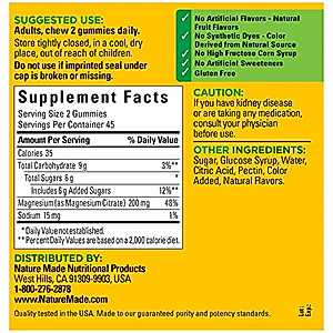 Nature Made High Absorption Magnesium Citrate 200 mg per serving, Dietary Supplement for Muscle, Nerve, Bone and Heart Support, 90 Gummies, 45 Day Supply