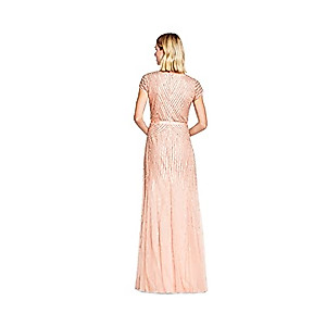 Adrianna Papell Women's Long Beaded V-Neck Dress with Cap Sleeves and Waistband, Blush, 6