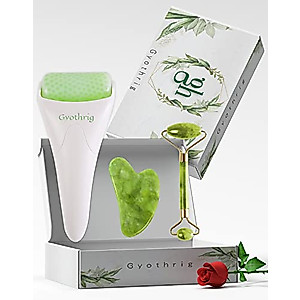 Face Ice Roller Jade & Gua Sha Set Gifts for Women Mom Mothers Day Facial Puffy Eyes Massage Natural Cooling Anti Wrinkle Skin Care Travel Tools Treatment for Puffiness Migraine Pain Relief Relaxing