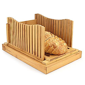 Pristine Bamboo Bamboo Bread Slicer for Homemade Bread Loaf – 3 Thickness Size – Foldable Compact Chopping Cutting Board with Crumb Tray – Ideal for Homemade Bread, Cake, Bagels