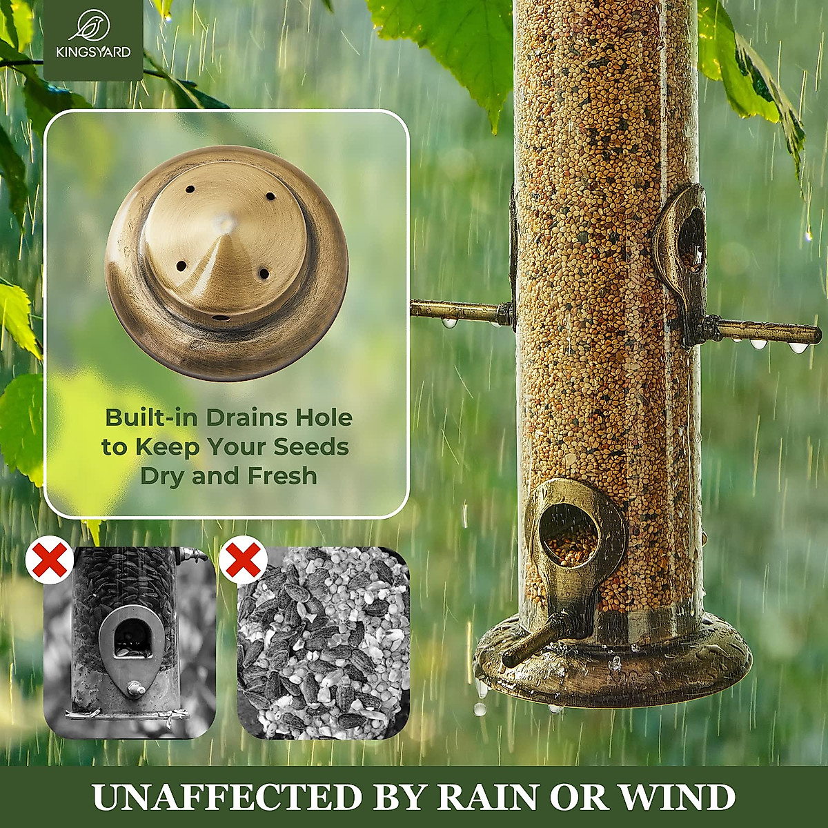 Kingsyard Metal Bird Feeders for Outdoors Hanging, Extra Thick Tube Bird Feeder w/Steel Hanger & 4-Port, 15 inch, Chew-Proof, Weather and Water Resistant, Brushed Bronze