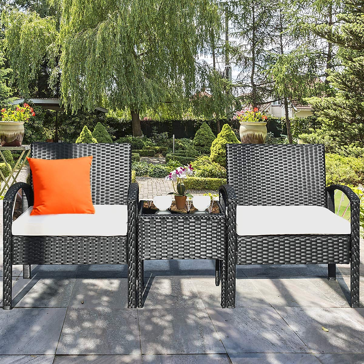 Tangkula 3 Piece Patio Conversation Set, Outdoor Rattan Sofa Set with White Seat Cushions & Coffee Table, Patio Wicker Furniture Set for Garden Balcony Backyard Poolside (Black)