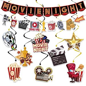 SKIRUP 18 Pieces Movie Night Decorations Party Decorations Kit movie night Banner Hanging Swirls Movie Theater Themed for Bridal Shower Birthday Party Supplies Film Backdrop