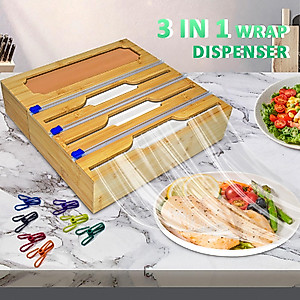 Bikerid Bamboo Wrap Dispenser with Cutter, Plastic Wrap Organizer, Aluminum Foil Organization, and Wax Paper Dispenser Holder for Kitchen Drawer and Wall, Compatible with 12" Roll