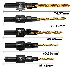 Titanium Coated Wood Countersink Drill Bit Set, 1/4” Round Shank, 6#8#10#12#14 HSS for Screw Pilot Hole Drilling, 5Pcs