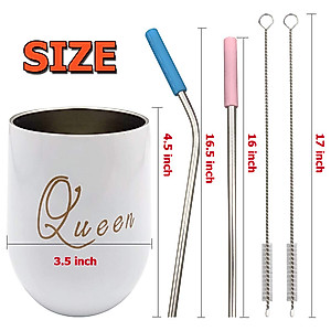 2 Pack 12oz Insulated Wine Tumbler with Lid Straw, Stemless Wine Glasses, Unbreakable Stainless Steel Thanksgiving Christmas Wedding Wine Glass Set Gift, Travel Use Coffee Cup, Gift for Parents Couple