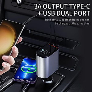 Retractable Car Charger, 4 in 1 USB C Car Charger 60W,Retractable Cables (2.6Ft) and 2 USB Ports Car Charger Adapter, Compatible with iPhone 15/14/13/12/11 Pro Max, Galaxy S23/ S22/S10,Google Pixel