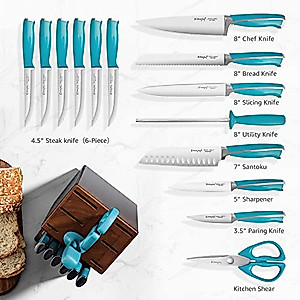 Emojoy Knife Set, 15-Piece Kitchen Knife Set with Block Wooden, Lake Blue Handle for Chef Knife Set, Kitchen Knives Sharpener and Scissors German Stainless Steel