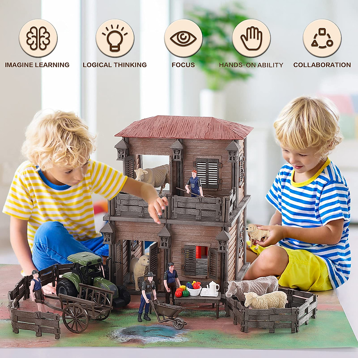 Lucky Doug Farm Animal House Toys Playset for Kids Toddlers Ages 3-8, 187 PCS Farm Building Toys Farmhouse Figures Pretend Play Set with 4 Animals, 4 Figures, A Tractor, 11" L x11 W x 14" H