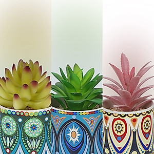 Hamore 5" Artificial Succulents in Bohemian Ceramic Pots, Set of 3 Ceramic pots & Bamboo Trays with Succulents Plants Artificial, Fake Plants for Desk Office Bathroom Bedroom Living Room